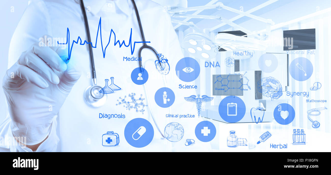 Medicine doctor hand working with modern computer interface as medical ...