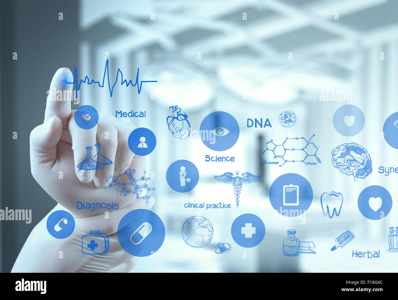 Medicine doctor hand working with modern computer interface as medical ...