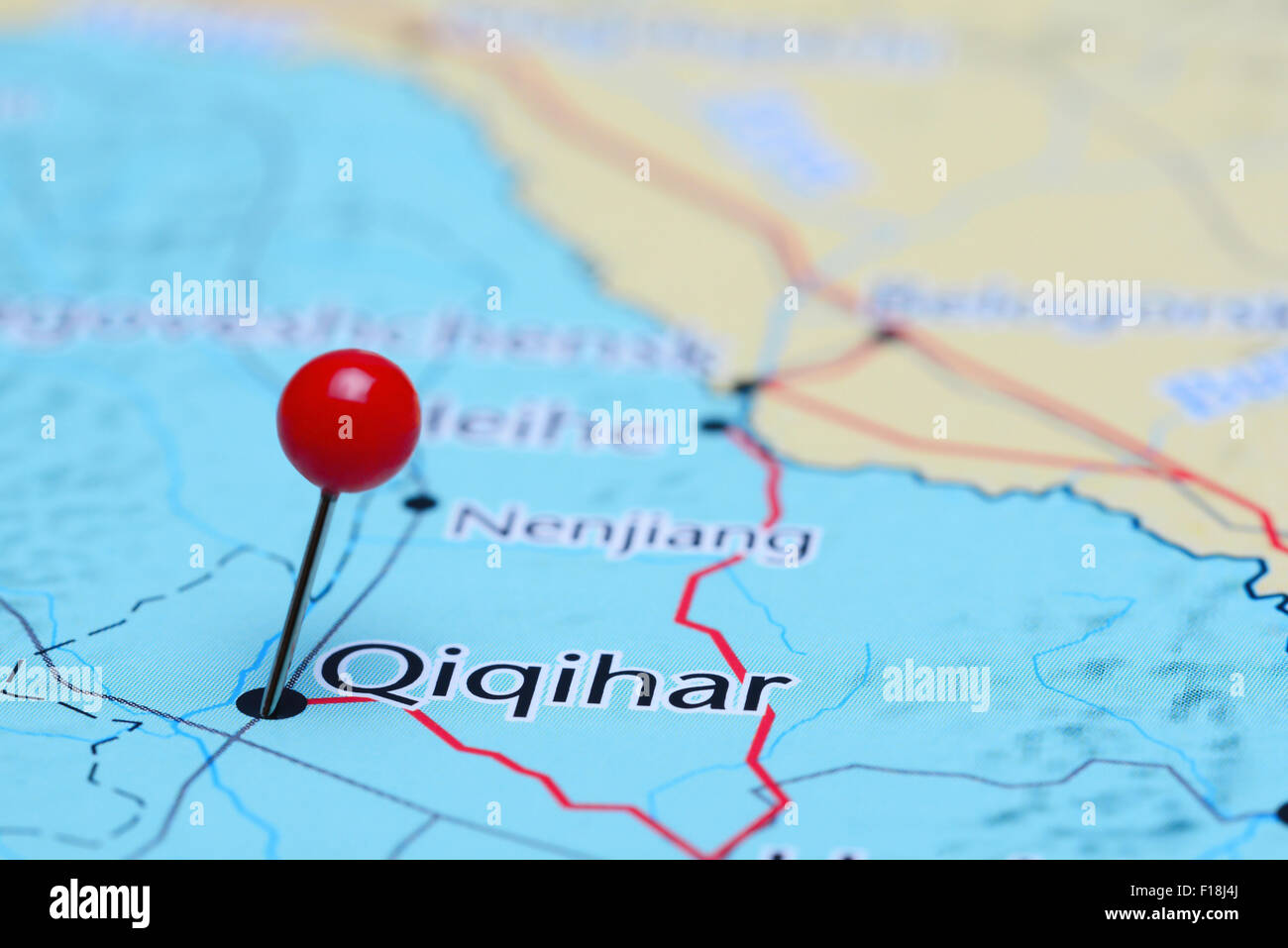 Qiqihar pinned on a map of Asia Stock Photo - Alamy