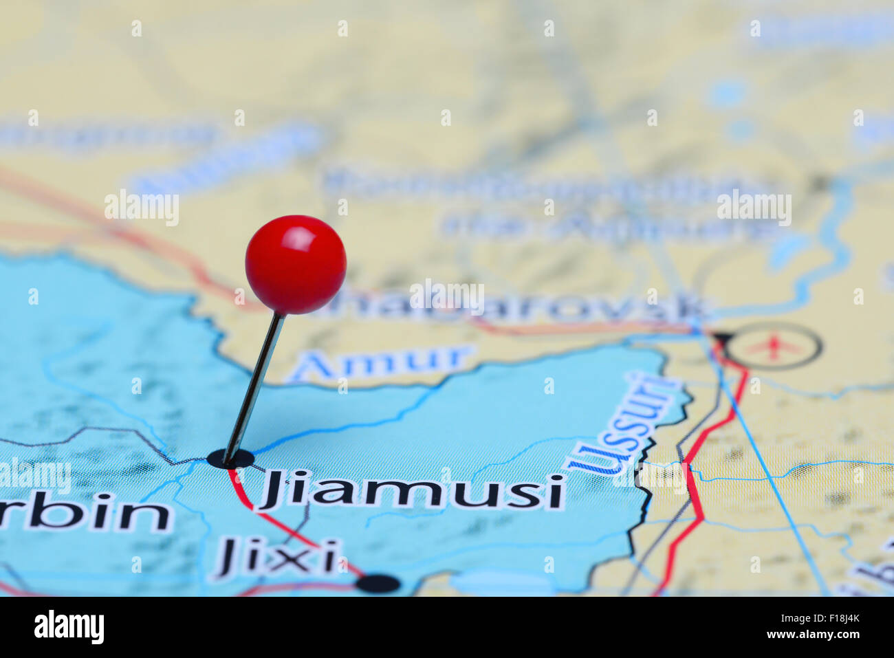 Jiamusi pinned on a map of Asia Stock Photo - Alamy