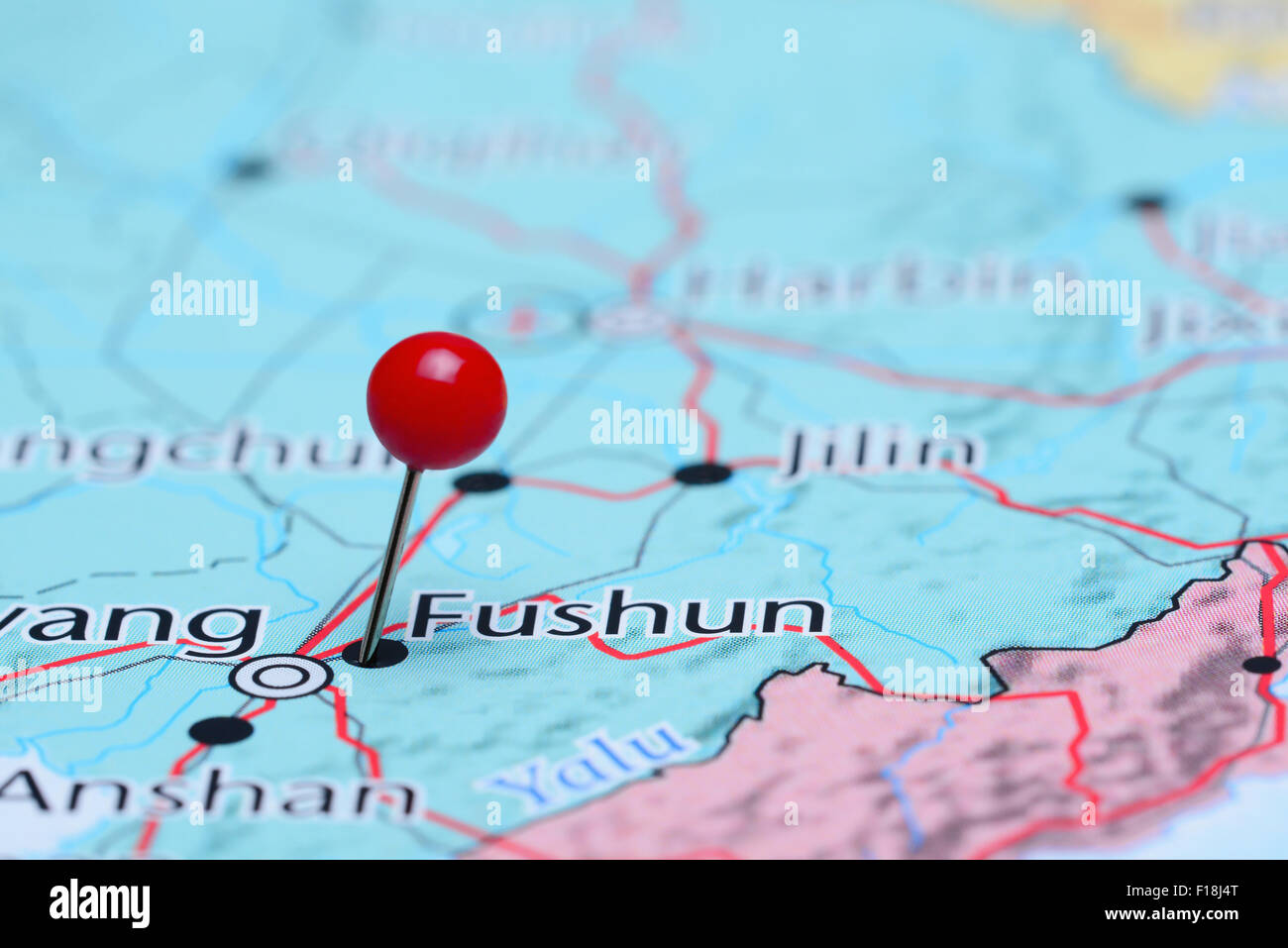 Fushun pinned on a map of Asia Stock Photo - Alamy