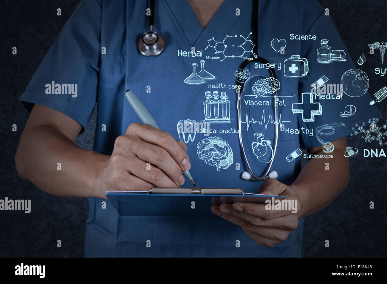 medical doctor with stethoscope writing on texture background Stock ...