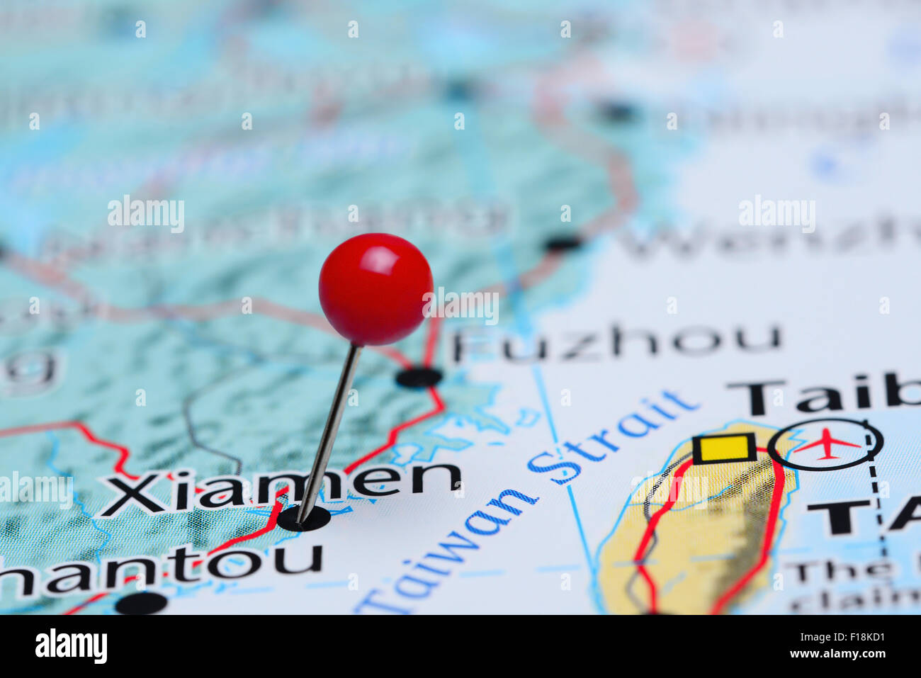 Xiamen pinned on a map of Asia Stock Photo - Alamy