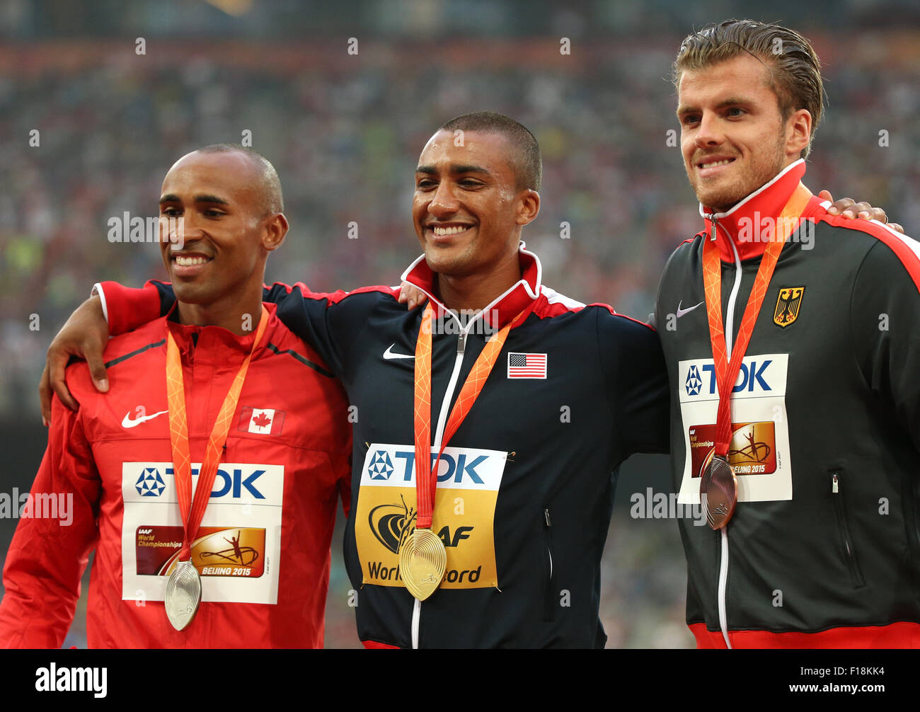 Beijing, China. 30th Aug, 2015. Gold medalist Ashton Eaton (C) of USA ...