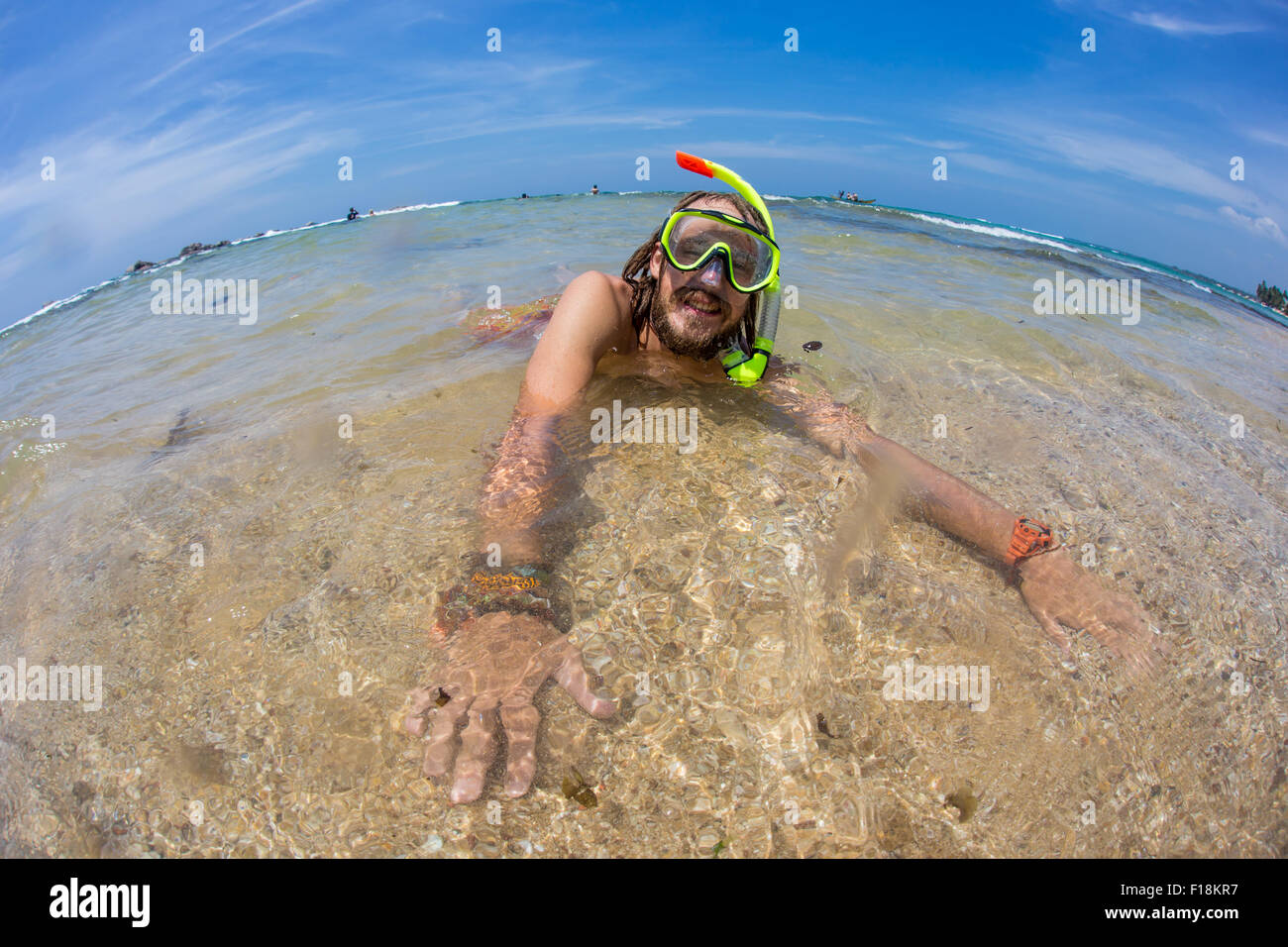 Happy diving man in a swimming mask and snorkel. Funny picture Stock ...