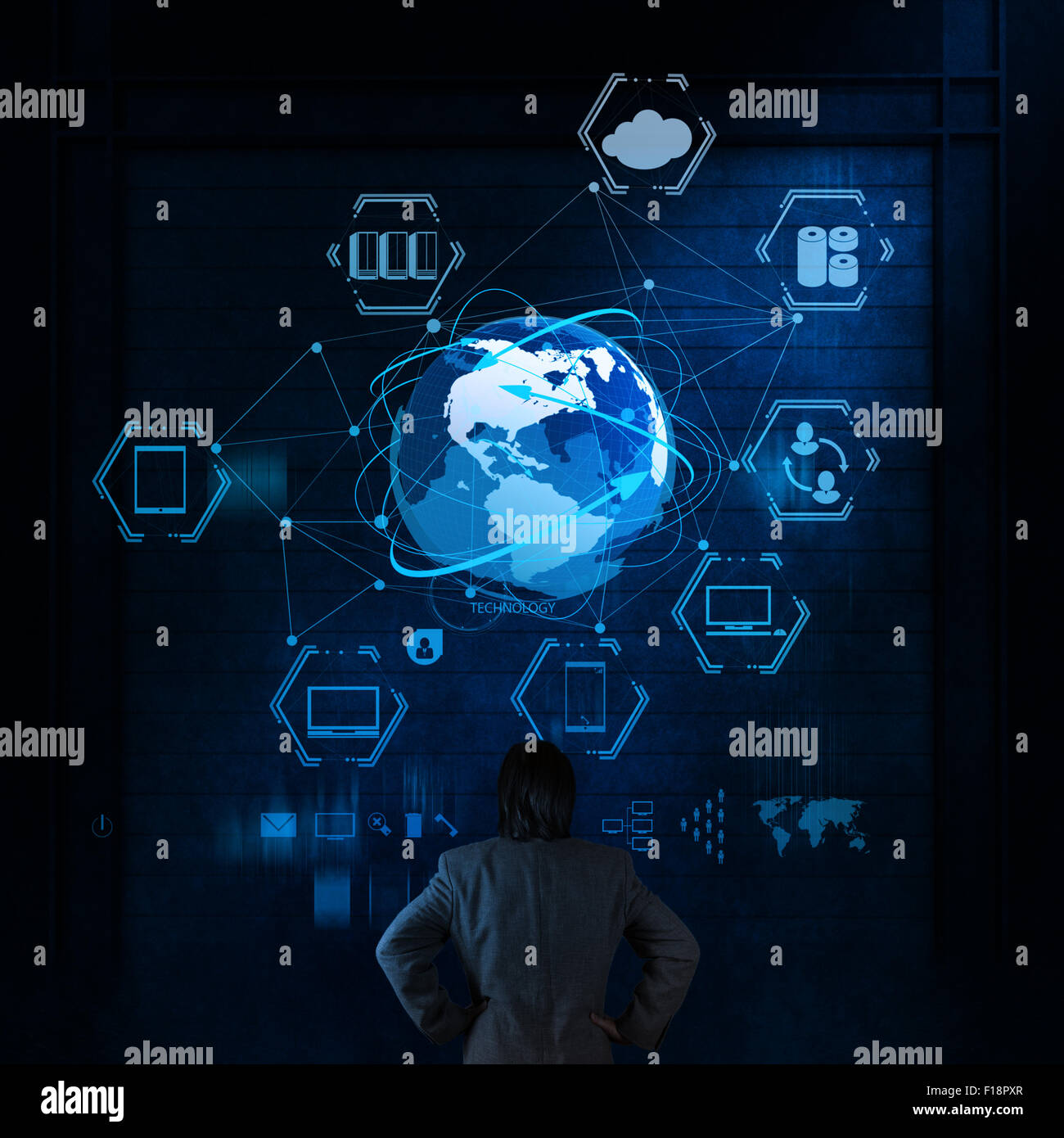 Businessman thinking of a Cloud Computing diagram on the new computer ...