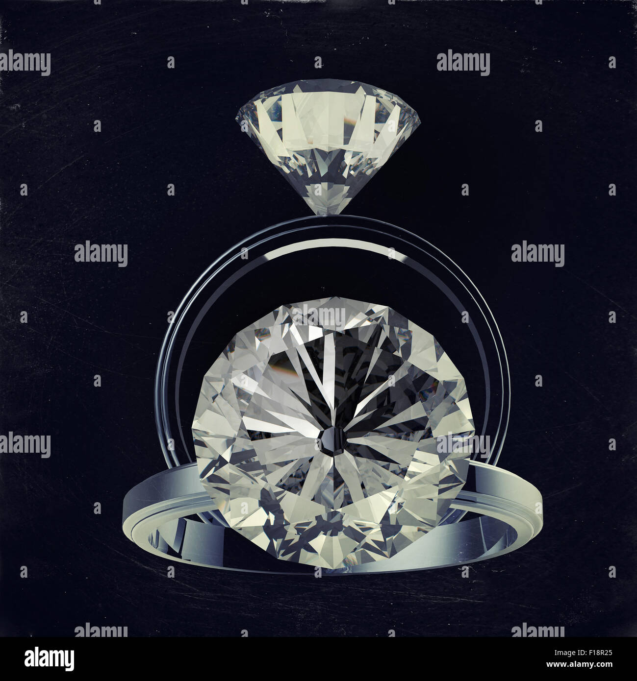 3d rendering of diamond rings on black surface as vintage style Stock ...