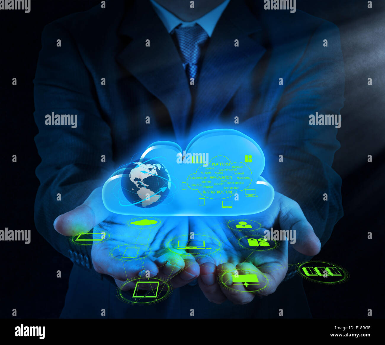 Businessman hand working with a Cloud Computing diagram on the new ...