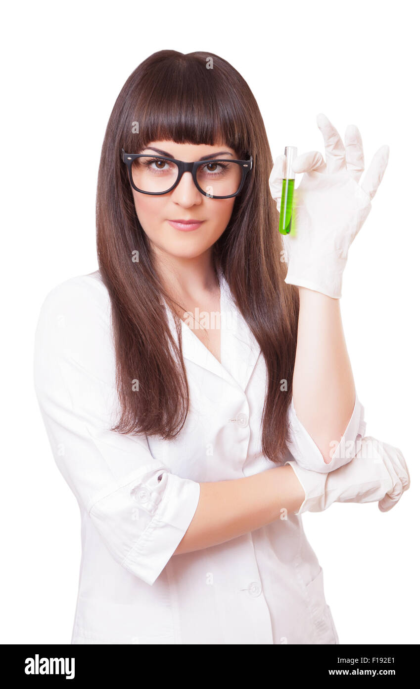 Female lab worker holding test-tube, isolated on white background Stock ...