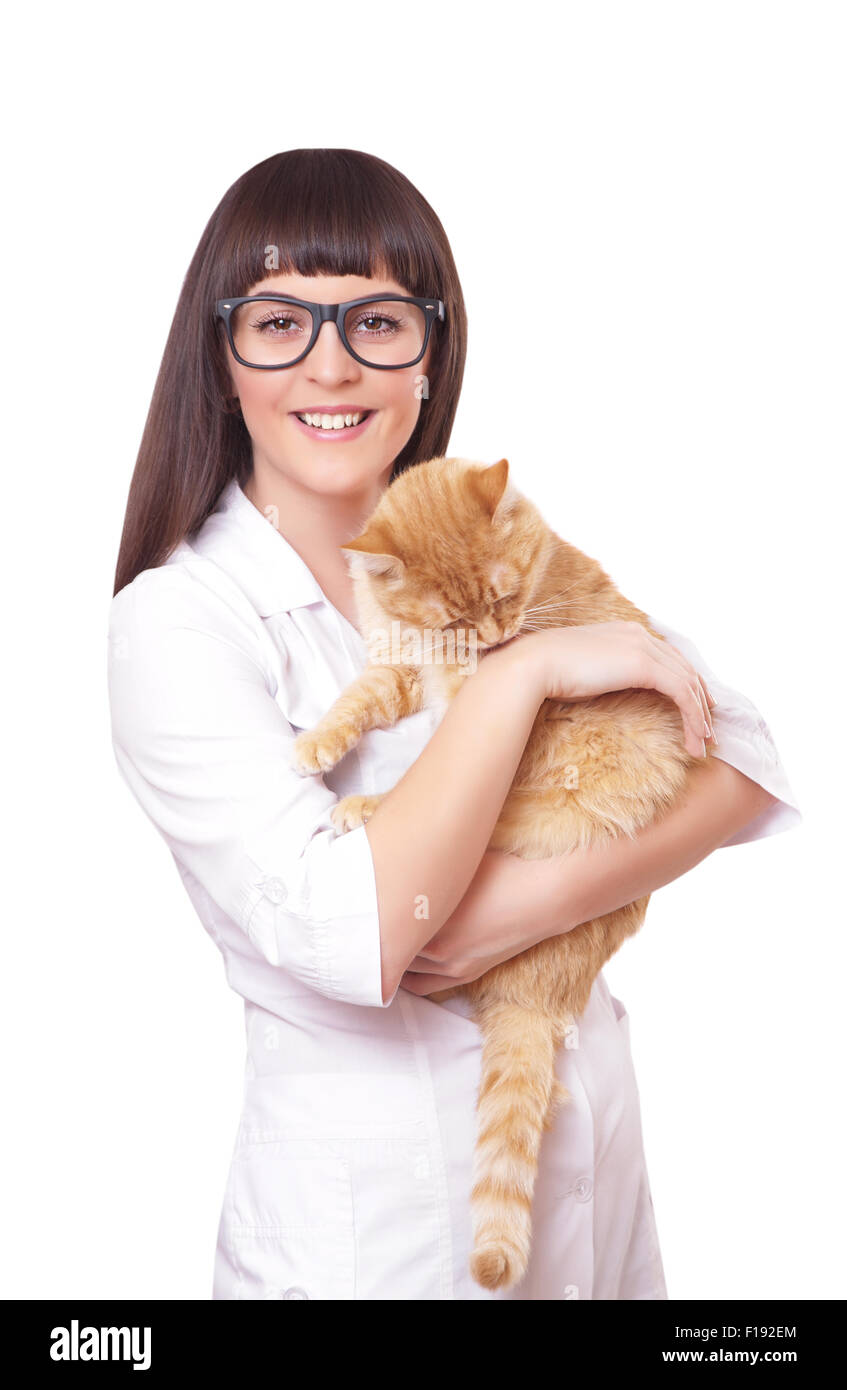 Portrait of a beautiful woman holding red cat, isolated on a white ...