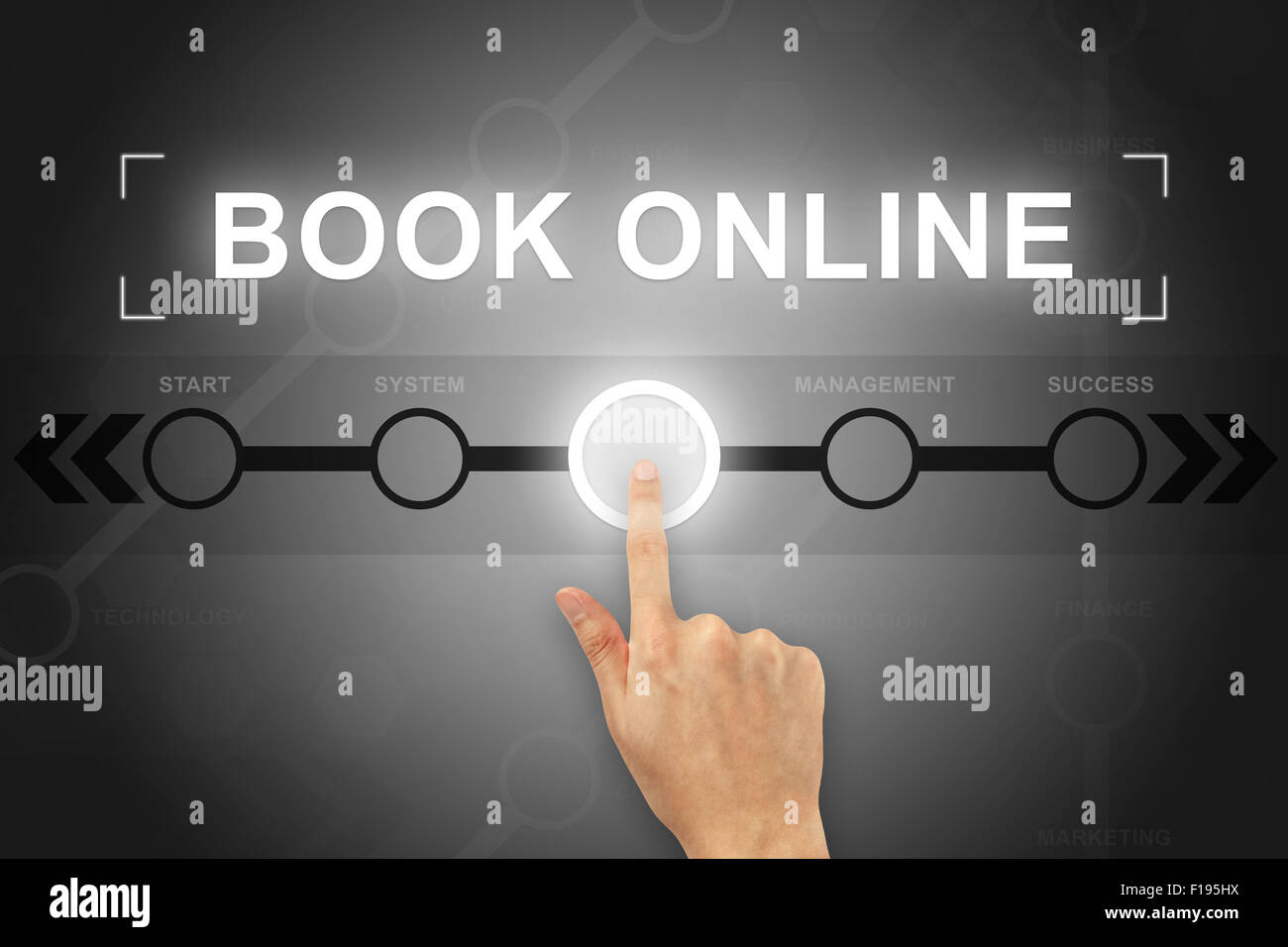 hand clicking book online button on a touch screen Stock Photo - Alamy