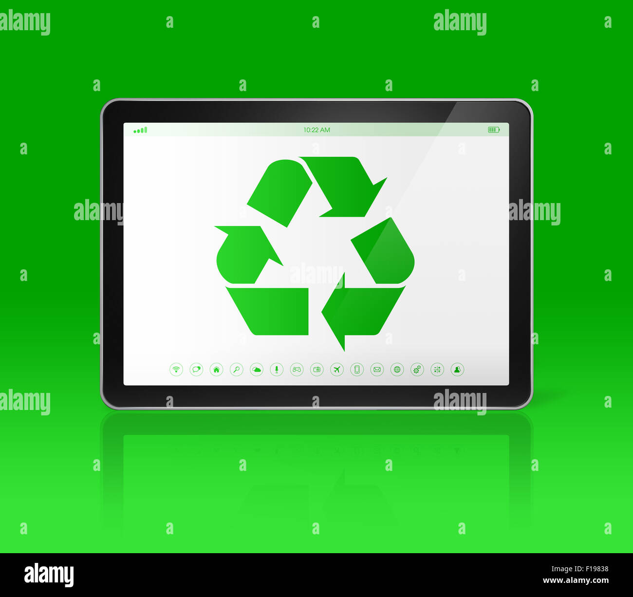 3D Digital tablet PC with a recycling symbol on screen. ecological ...
