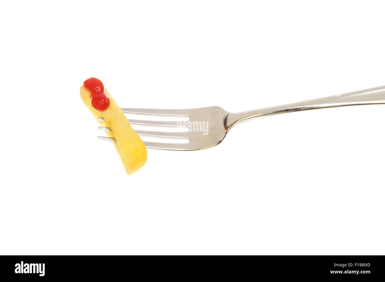 Potato chip with tomato ketchup on a fork isolated against white Stock ...