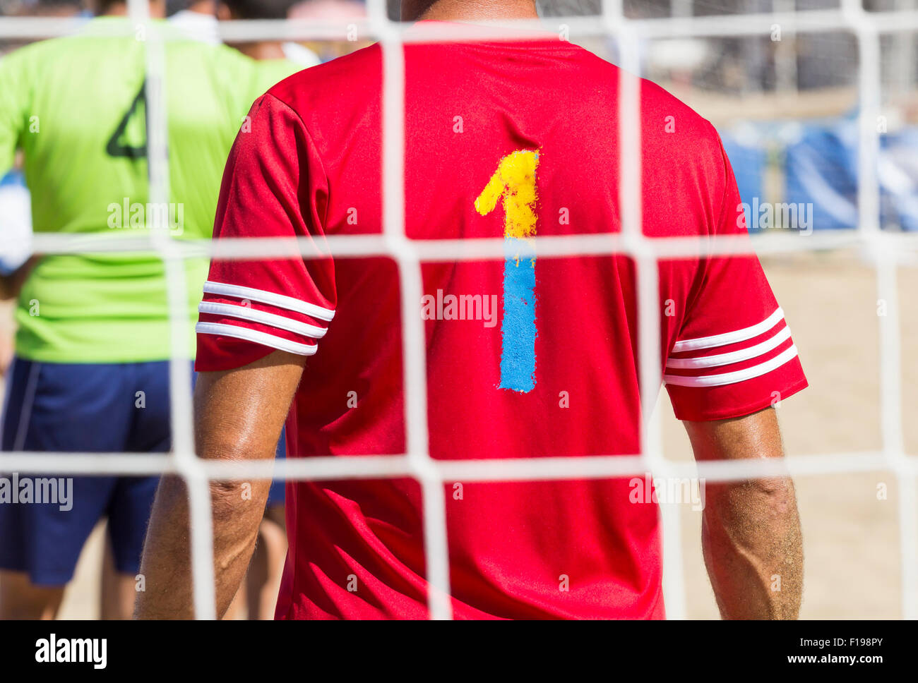 Goalkeeper at beach football tournament in Spain Stock Photo - Alamy
