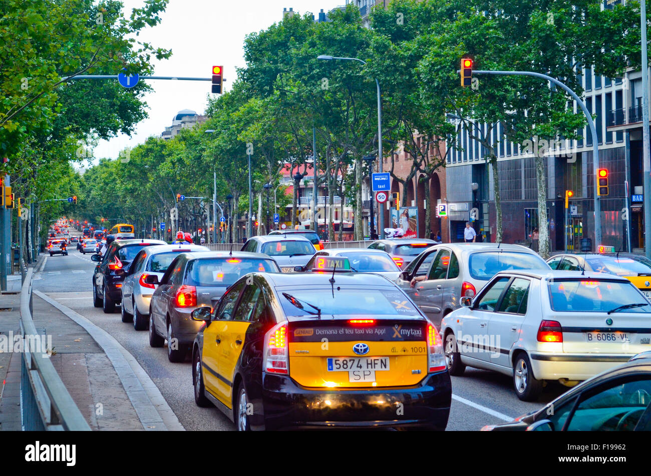 Cars waiting at red stop light, rear view. Barcelona, Catalonia, Spain ...