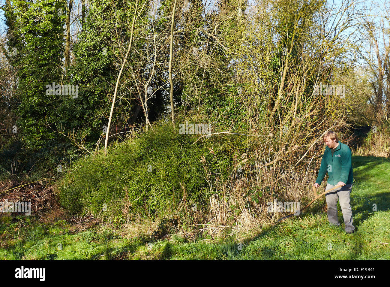 A conservation worker uses a scythe at the Rivermead Nature Park in ...