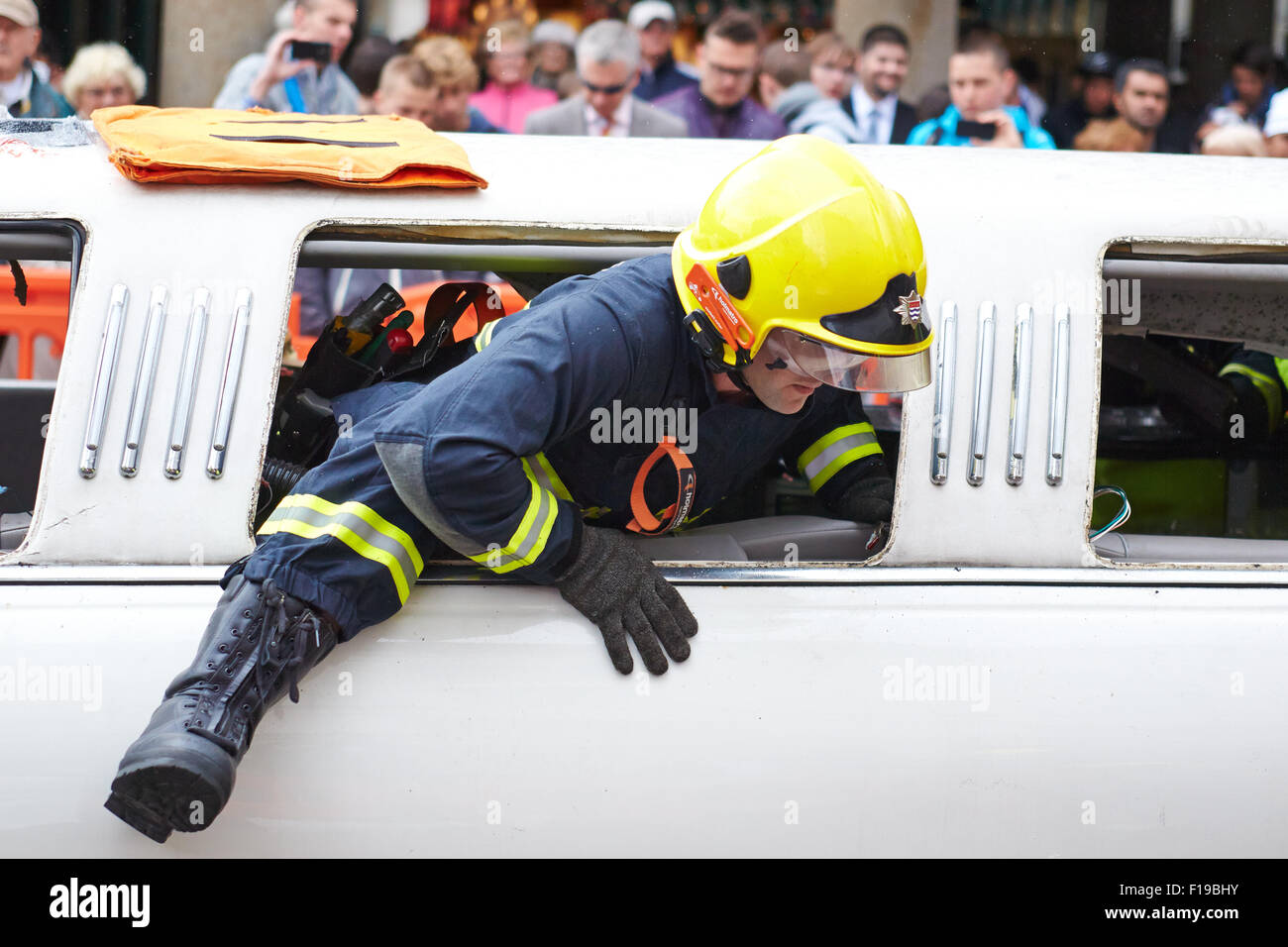 The London Fire Brigade extraction team demonstrate rescuing simulated ...