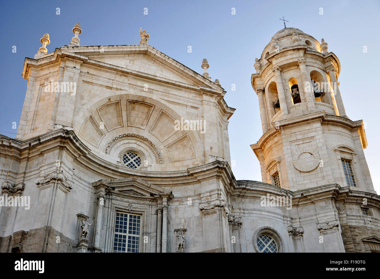 Front facade and bell tower of the baroque and neoclassical Cadiz ...