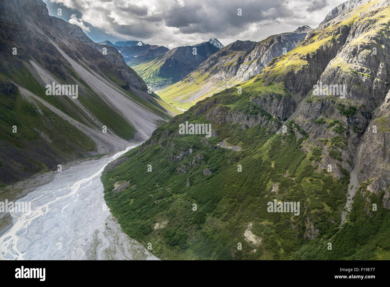 Aerial view of Hidden Creek running through the Wrangell Mountains at ...