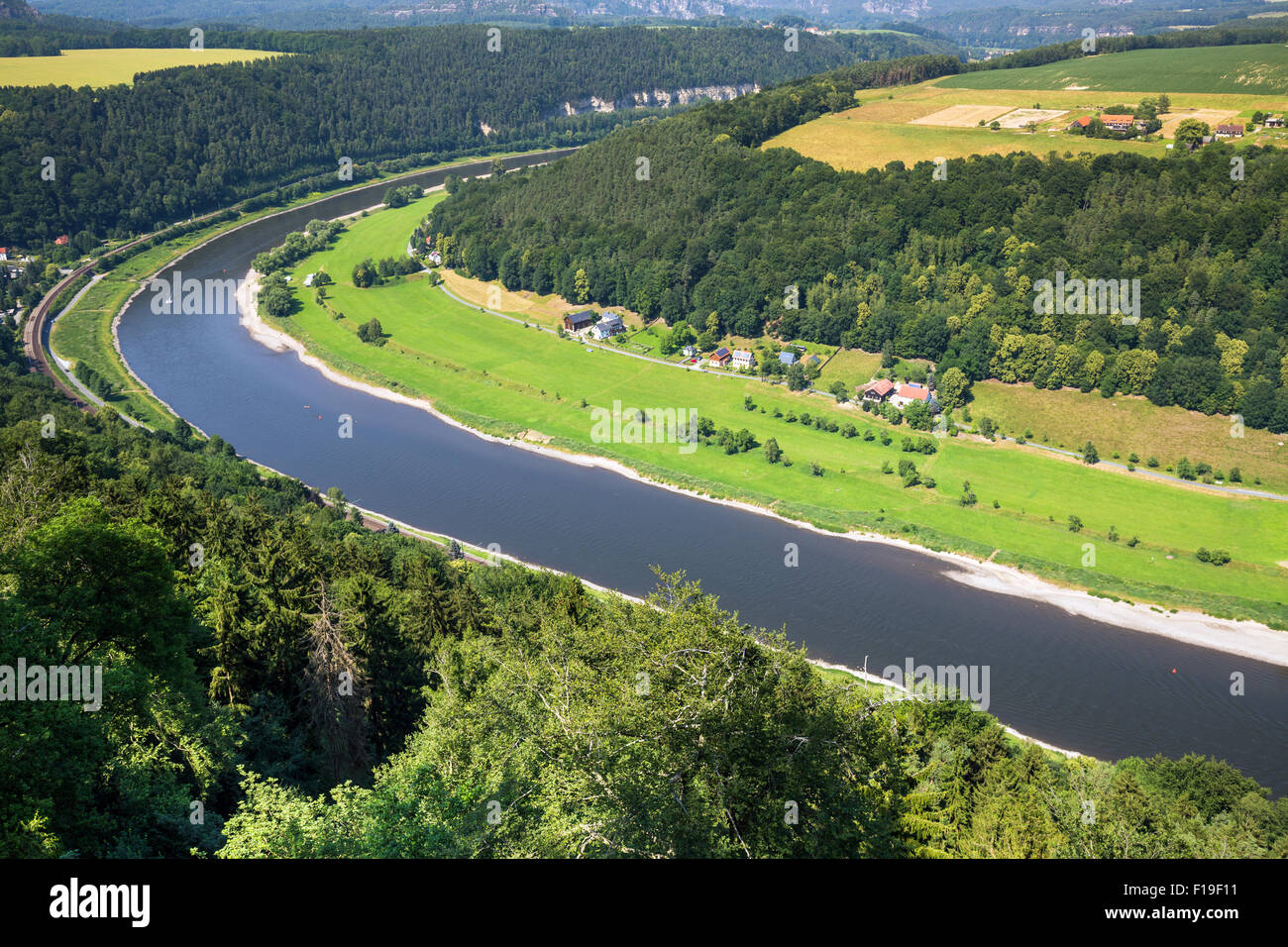 View of Elbe Sandstone Mountains and Konigstein town, Elbe River, Saxon ...