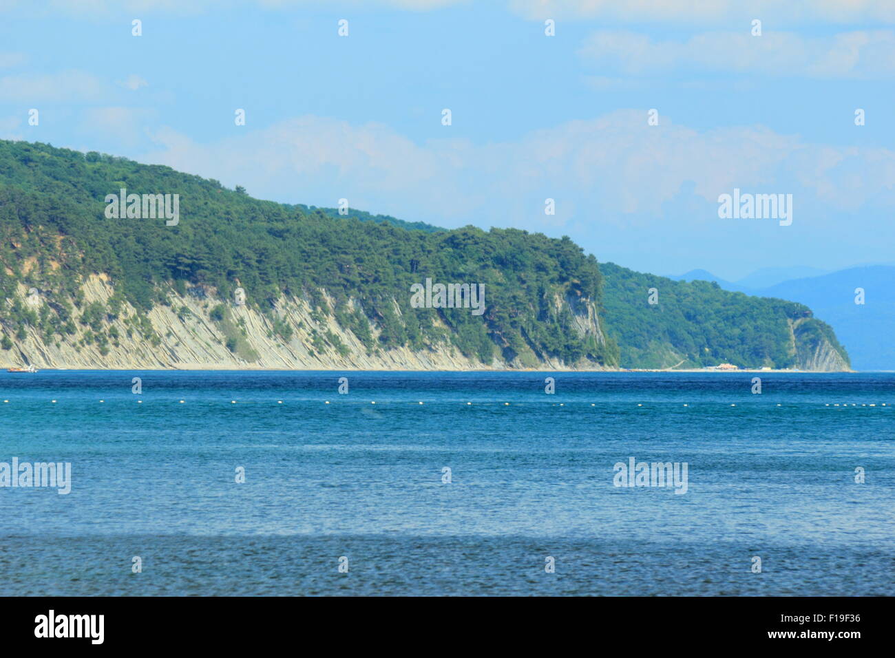 Sea coast with steep mountain slopes covered with dense vegetation and ...