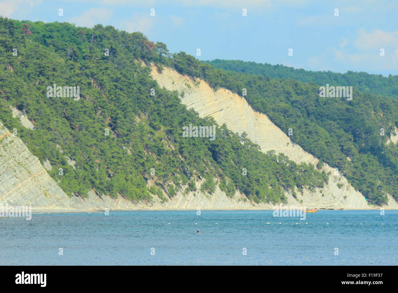 Sea coast with steep mountain slopes covered with dense vegetation and ...
