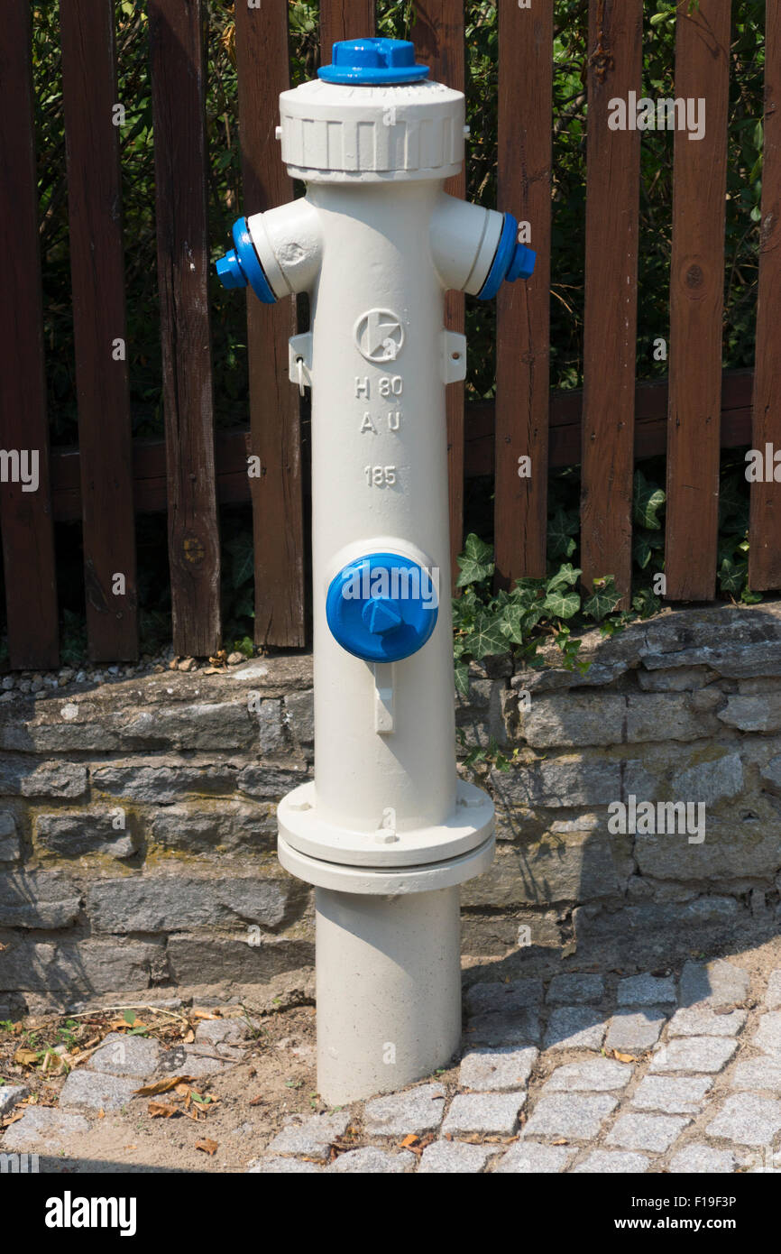 An above ground ductile iron decorated white and blue painted fire ...