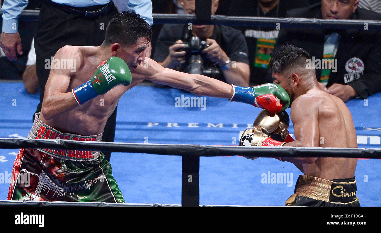 Los Angeles CA. 29th Aug, 2015. ( in red/green trunks) Leo Santa Cruz ...