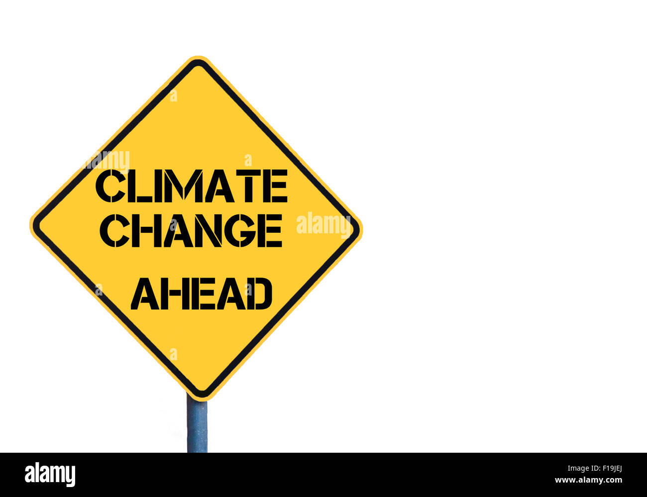 Yellow roadsign with Climate Change Ahead message isolated on white ...
