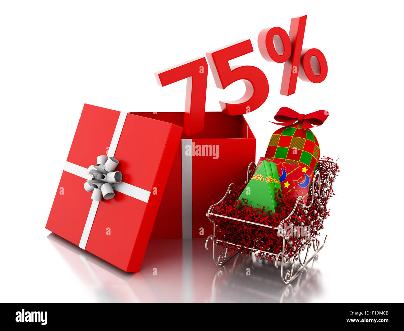 3d renderer image. Present box with 75 percent text. Christmas sale ...