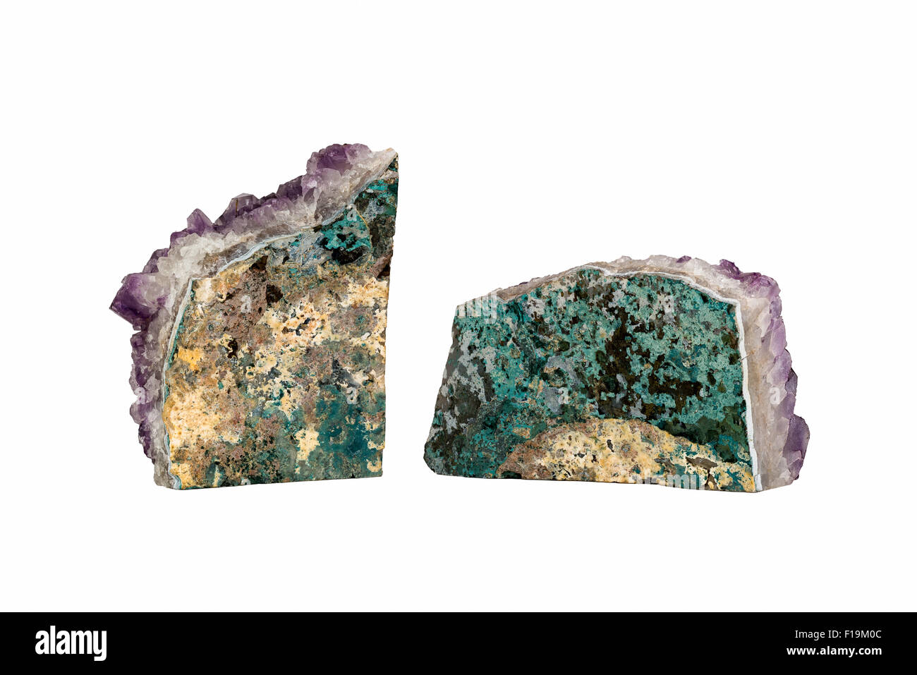 Two Pieces of Colorful Amethyst Geodes, isolated on a white background ...