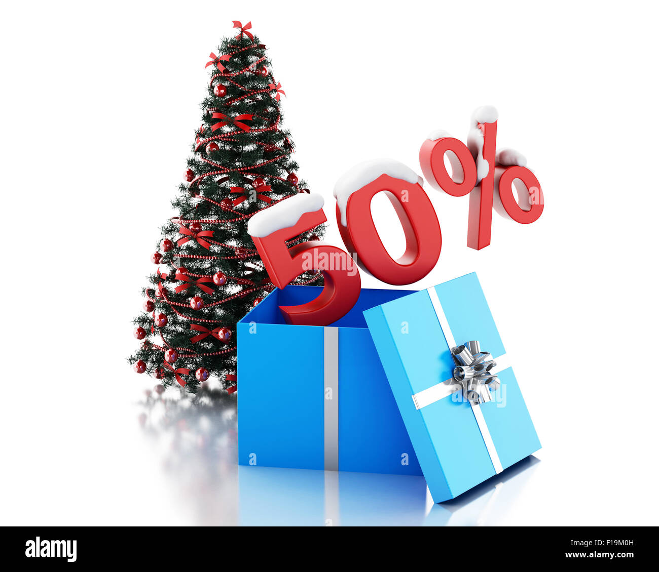 3d renderer image. Present box with 50 percent text and christmas tree ...