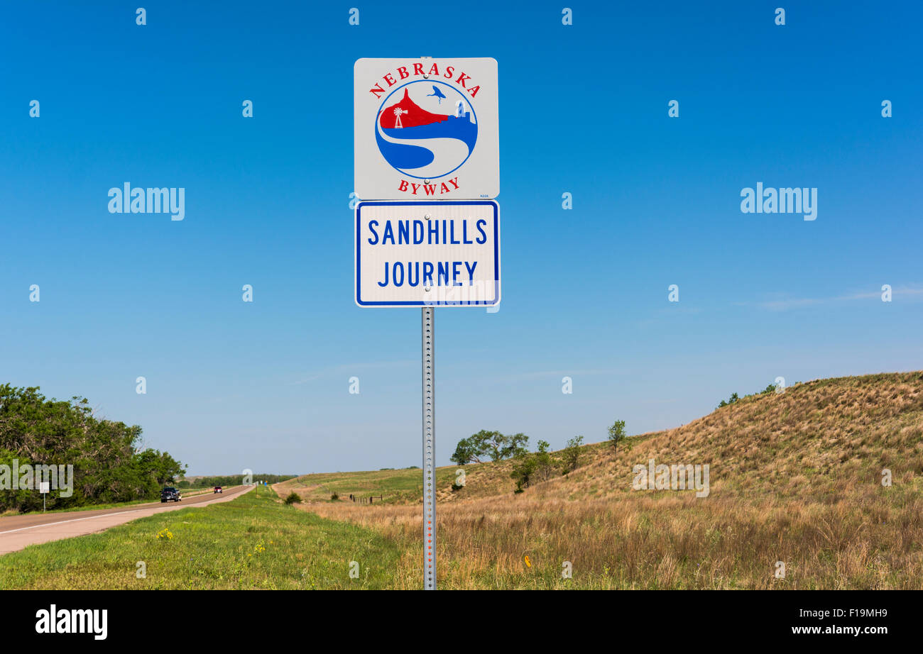 Nebraska, Sandhills Journey Hwy 2 Scenic Byway, road sign Stock Photo ...