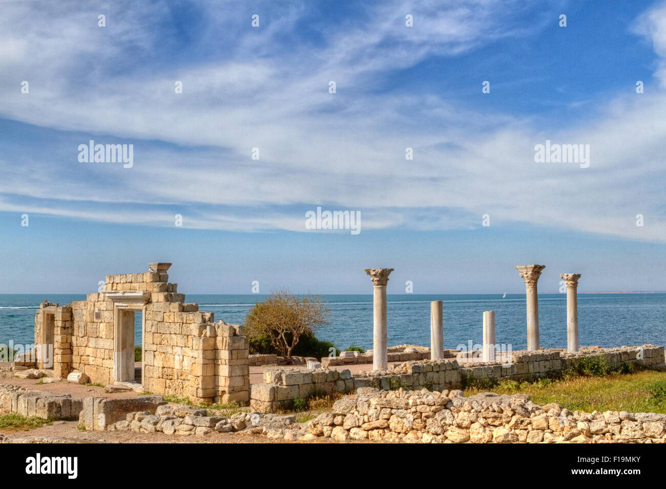 Ancient Greek basilica and marble columns. Chersonesus Taurica near ...