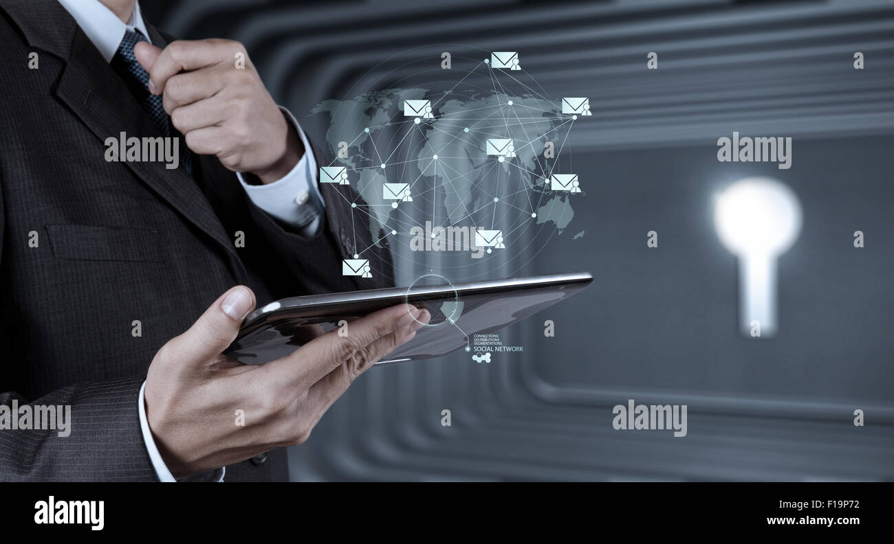 businessman hand use smart phone computer with email icon as concept ...