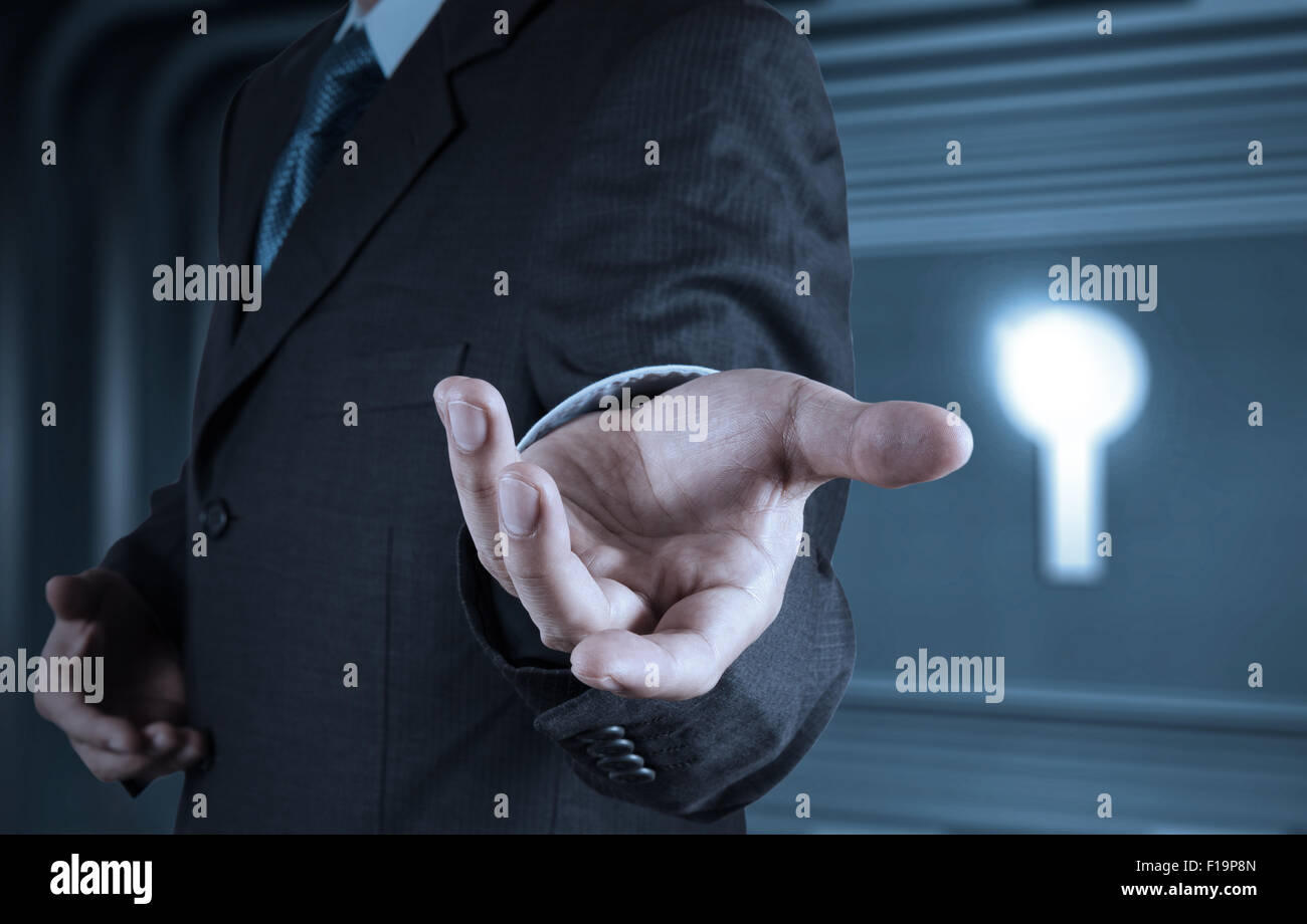 business man with an open hand as showing something concept Stock Photo ...