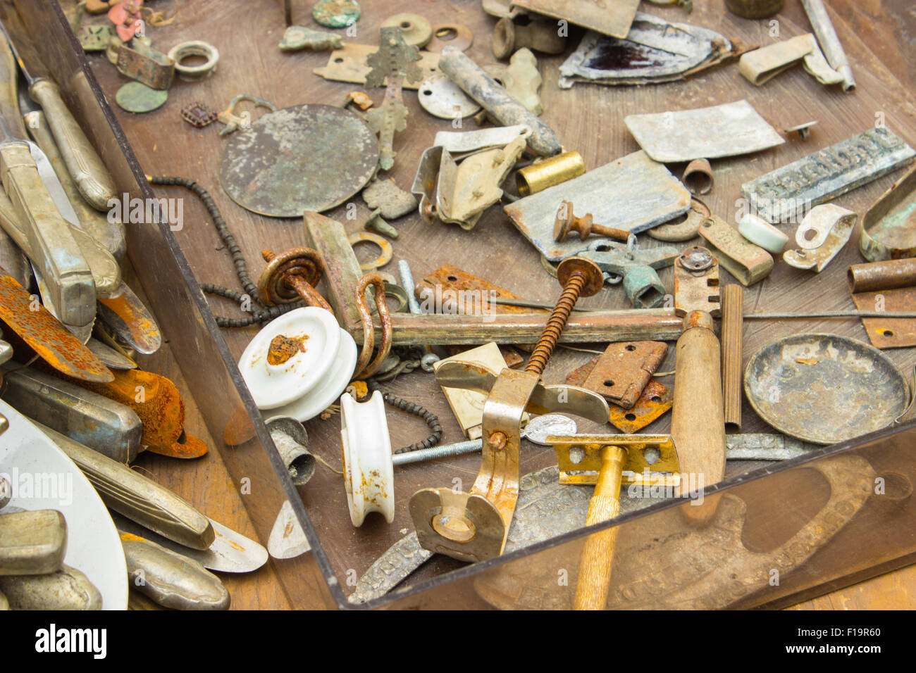 Heap of antique old rusty things and tools for sale on stall at the ...