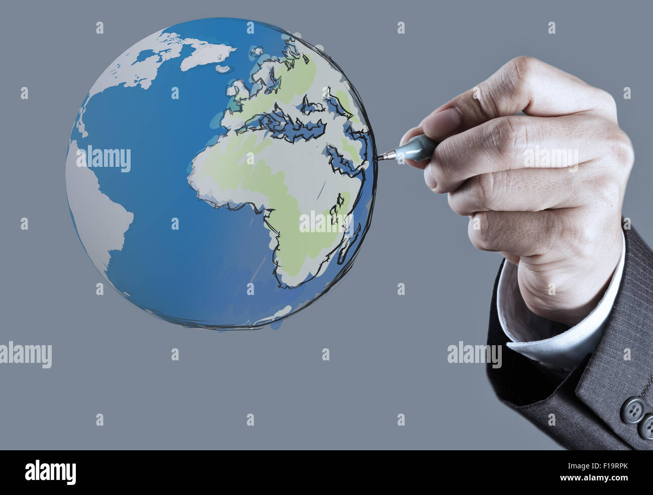 Male hand drawing Globe as concept Stock Photo - Alamy