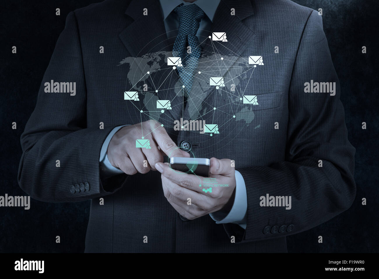 businessman hand use smart phone computer with email icon as concept ...