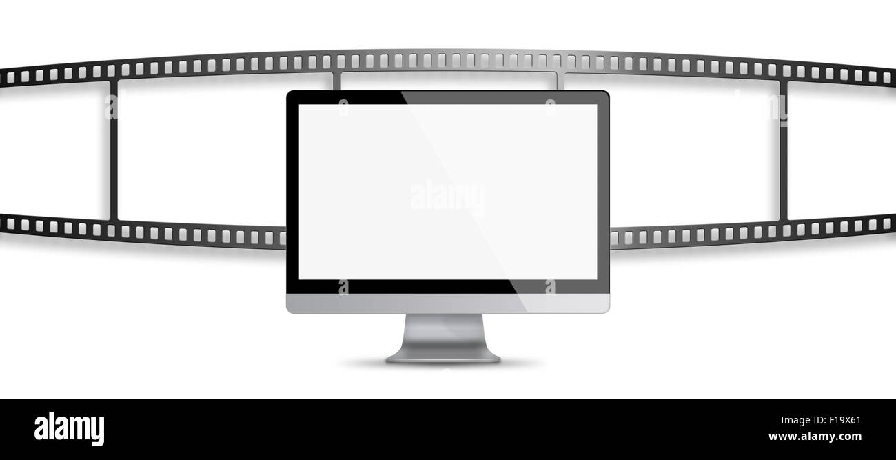 Modern flat screen computer monitor with blank screen and roll of film ...