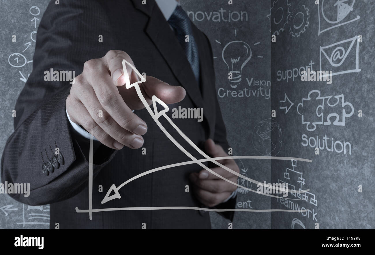 businessman hand draws business success chart concept on virtual screen ...