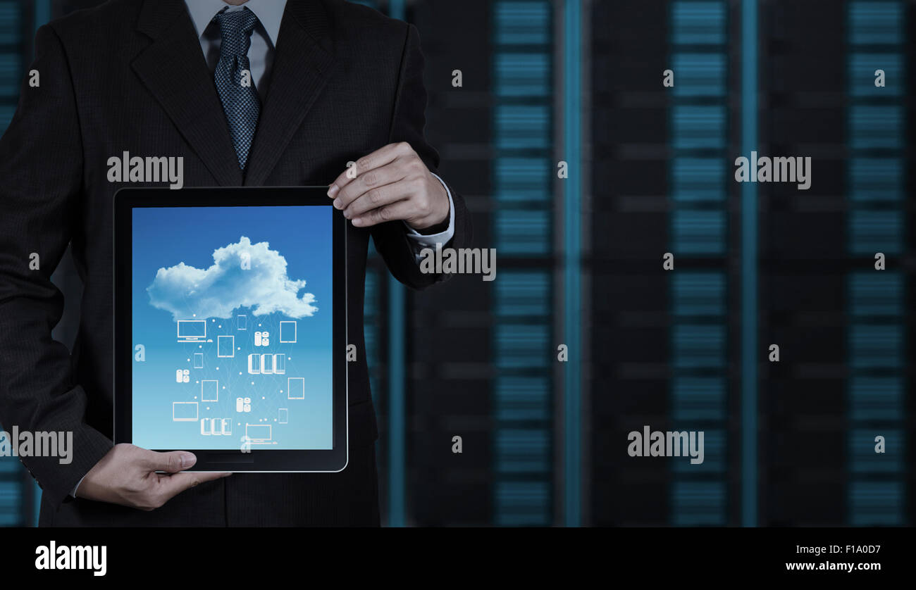 Businessman hand working with a Cloud Computing diagram on the new ...