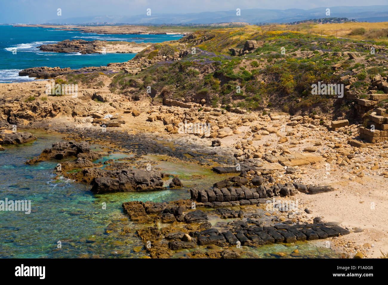 Last stones remaining of ancient city of Biblical Dor on the beatiful ...