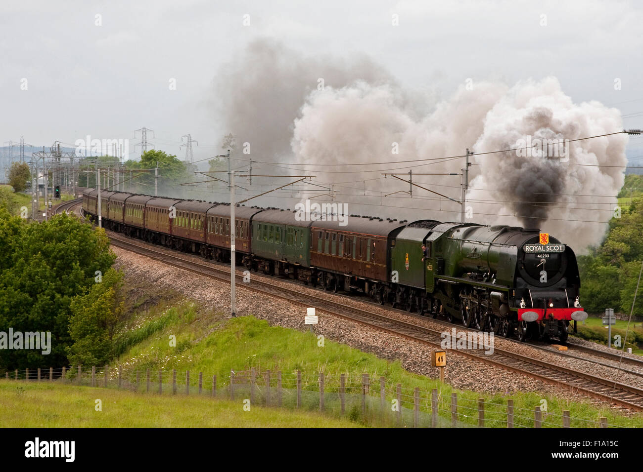 Preserved steam locomotive Duchess of Sutherland heads the Royal Scot ...