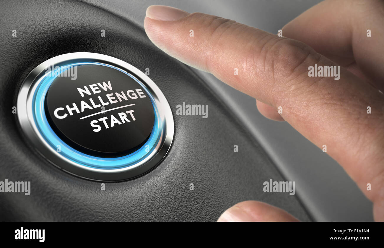 Finger about to press a challenge button. Ambitious man, motivation ...