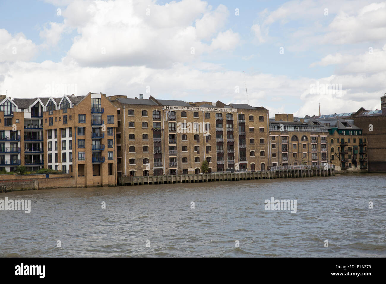 Riverside apartments and office buildings as seen from the River Thames ...