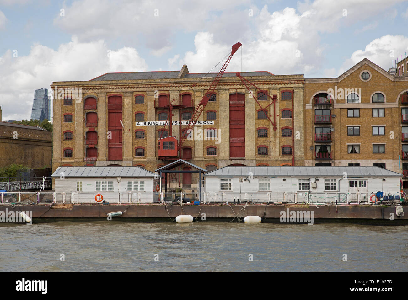 Riverside apartments and office buildings as seen from the River Thames ...