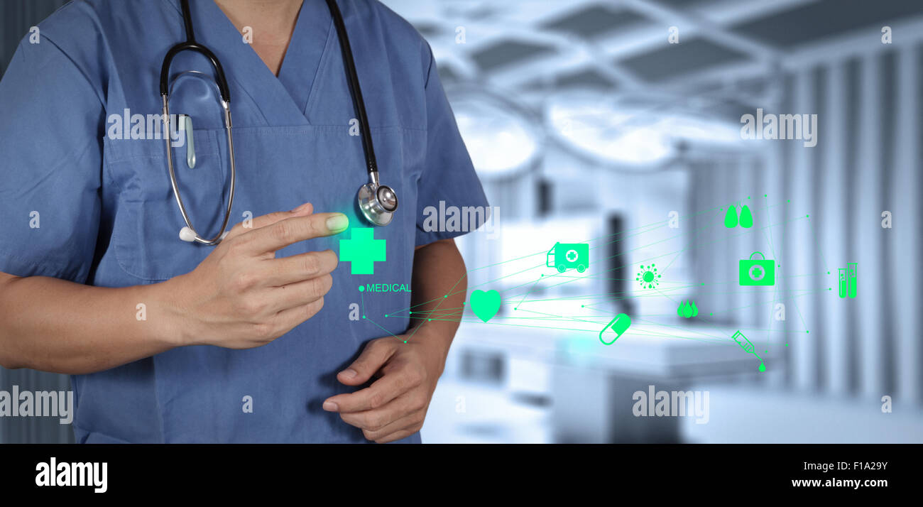 Medicine doctor hand working with modern computer interface as medical ...