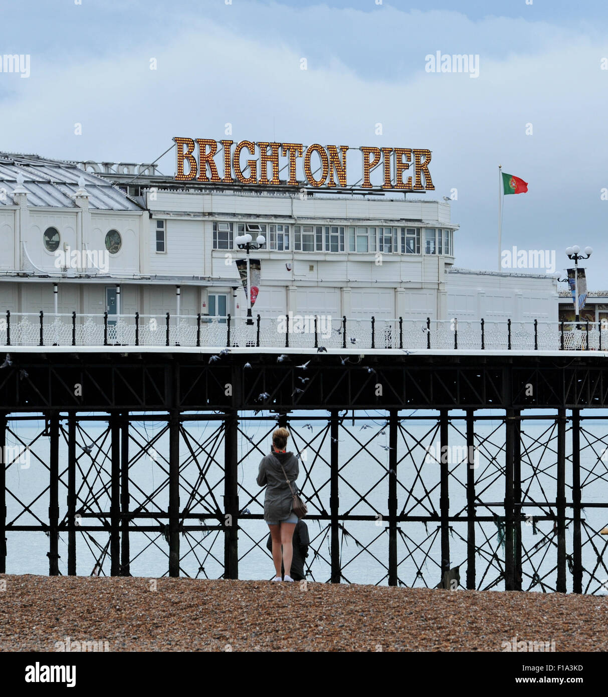 Brighton UK - A couple take a walk on Brighton beach by the pier in the ...