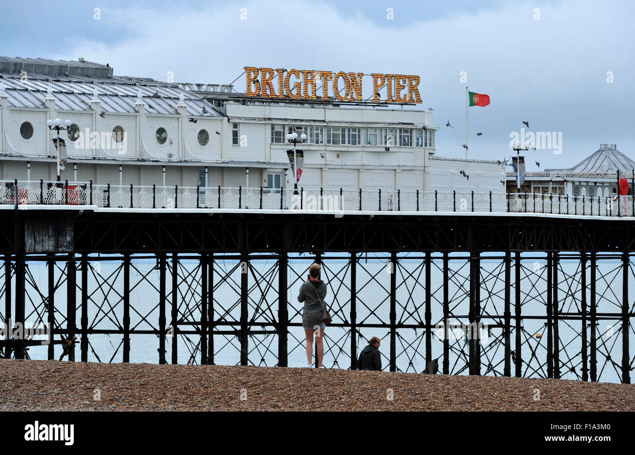 Brighton UK - A couple take a walk on Brighton beach by the pier in the ...